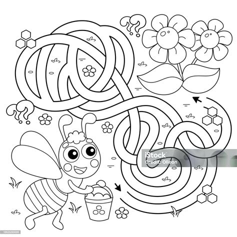미로 또는 미로 게임 수수께끼 얽힌 도로 색칠 페이지 꿀양동이와 만화 작은 꿀벌의 개요 아이들을위한 색칠 공부책 벌에 대한 스톡 벡터 아트 및 기타 이미지 Istock