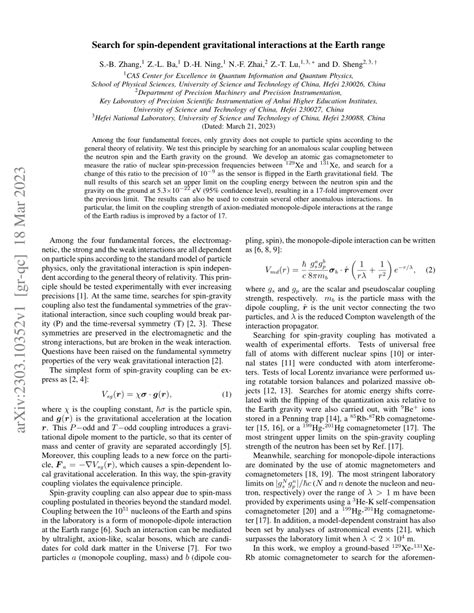 Pdf Search For Spin Dependent Gravitational Interactions At The Earth