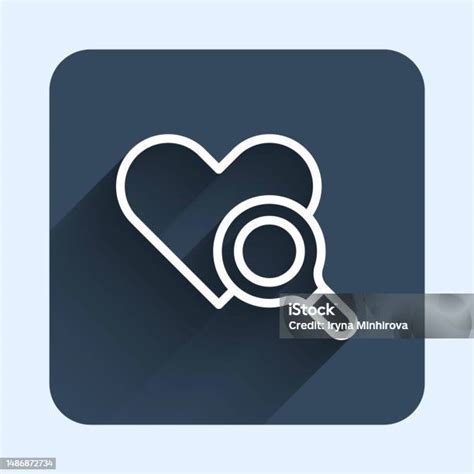 흰색 선 의료 심장 검사 아이콘은 긴 그림자 배경으로 분리되어 있습니다 심장 돋보기 검색 파란색 사각형 버튼입니다 벡터 개념에