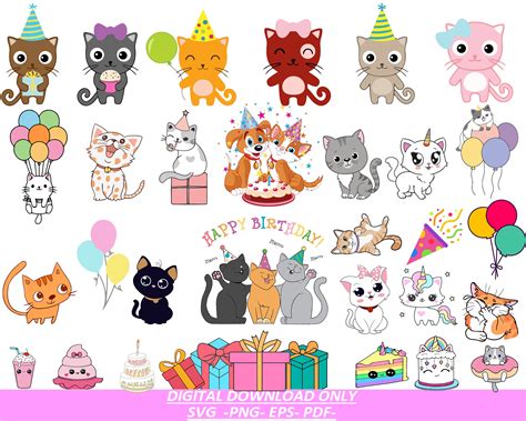 Birthday Cats Clipart Cute Cat Party Clip Art Kawaii Kitten Etsy