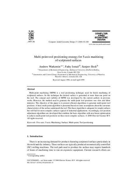 Pdf Multi Point Tool Positioning Strategy For 5 Axis Mashining Of
