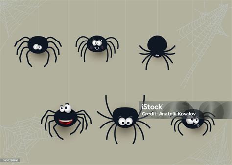 거미줄이있는 귀여운 거미 세트 할로윈을위한 만화 스타일 검은 아이콘과 문자 할로윈 장식 아이콘 스티커를위한 디자인 요소 모음
