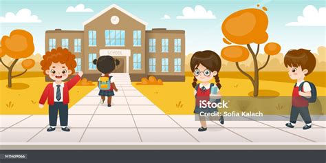 만화 아이들은 가을에 학교에 간다 학교까지 보도에있는 사랑스러운 학생들 귀여운 만화 학생들은 수업에 간다 가을에 대한 스톡 벡터 아트 및 기타 이미지 Istock