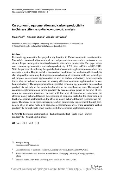 On Economic Agglomeration And Carbon Productivity In Chinese Cities A