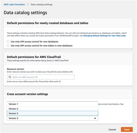 更新跨账户数据共享版本设置 AWS Lake Formation