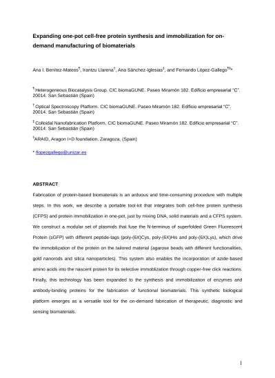 1 Expanding One Pot Cell Free Protein Synthesis And Immobilization For On Demand Manufacturing