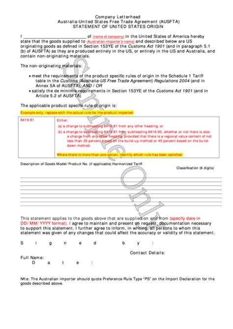 Statement Of United States Origin Printable Pdf Download