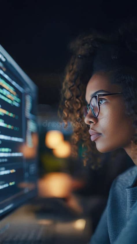 Side View Of Female Computer Programmer Looking At Screen Dark