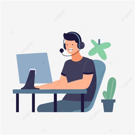 작업 벡터 일러스트 만화에 앉아 컴퓨터에 앉아 헤드셋을 착용하는 고객 대표 남자 지원 지원하다 클립 아트 만화 Png 일러스트 및 벡터 에 대한 무료 다운로드