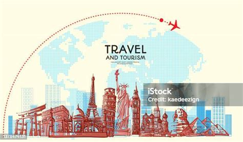 여행 포스터 배너 및 엽서 디자인 벡터 일러스트레이션을위한 비행기 제트 라이너 비행 표지판과 세계지도와 손으로 그린 스케치 스타일로 유명한 랜드 마크와 세계여행 유명한