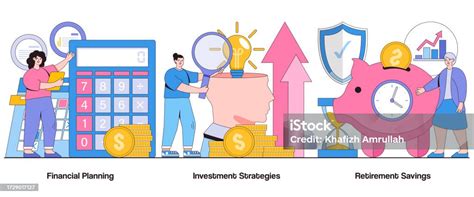 재무 계획 투자 전략 성격이 있는 퇴직 저축 개념 금융 보안 추상 벡터 일러스트레이션 세트입니다 부의 축적 은퇴 계획 은유 가격에 대한 스톡 벡터 아트 및 기타 이미지