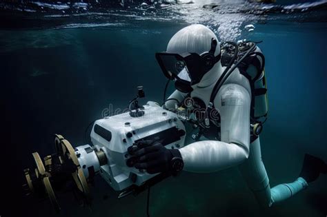 Person Programming Robot For Dangerous Underwater Mission Stock