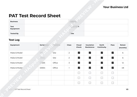Pat Test Record Sheet Form Template Haspod