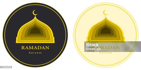 라마단 카림 라운드 인사말 배지 종이 절단 기술과 노란색과 어두운 색상 배경에 원에서 이슬람 모스크와 초승달 돔 아이콘 격리된 벡터 일루미네이션 0명에 대한 스톡 벡터 아트