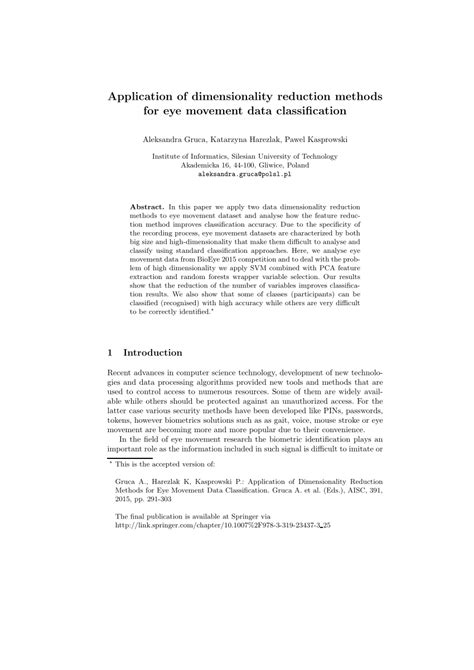 Pdf Application Of Dimensionality Reduction Methods For Eye Movement