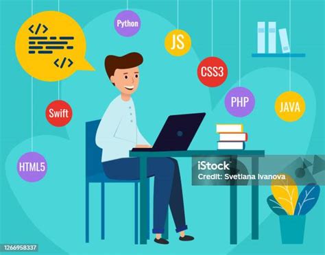 프로그래머는 책상에 앉아 노트북에서 작업 Java 프로그래밍 언어에 대한 스톡 벡터 아트 및 기타 이미지 Java 프로그래밍 언어 Php 프로그래밍 언어 가정의 방