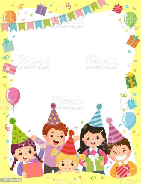 템플릿은 선물 상자를 들고 아이들의 그룹과 생일 파티 카드에 대한 초대에 대한 준비가되어 있습니다 교육에 대한 스톡 벡터 아트