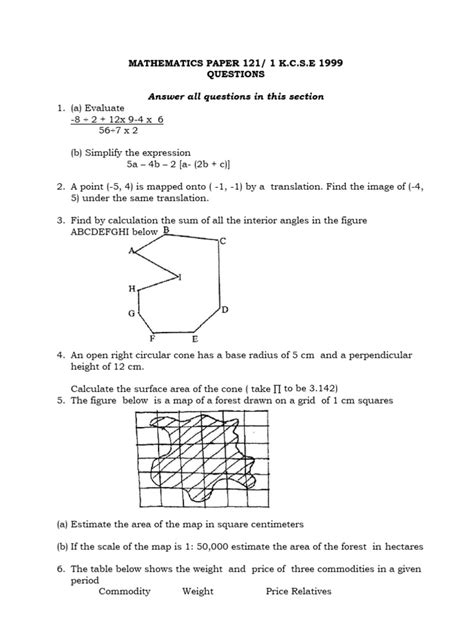 Kcse 1999 Mathematics Paper 1 Pdf Area Euclidean Geometry