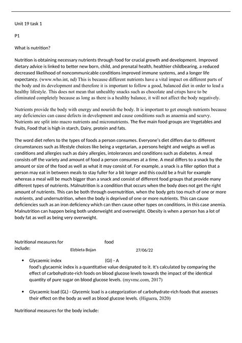Unit 19 Task 1 Nutritional Health Level 3 Health And Social Care