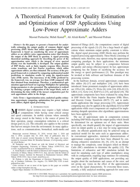 A Theoretical Framework For Quality Estimation And Optimization Of Dsp Applications Using Low