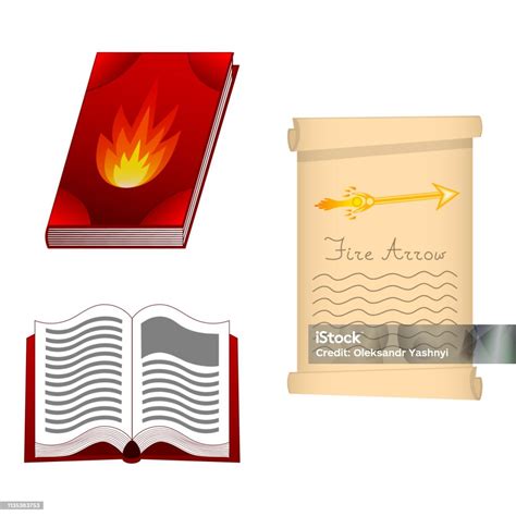당신의 디자인 게임 카드에 대 한 화재 요소의 철자 책 화재 화살 신비의 주문과 마법 부여와 고대의 책 격리 된 Gui 디자인 요소 벡터 일러스트입니다 3차원 형태에 대한