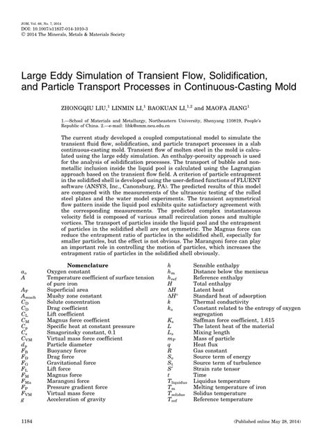 Pdf Large Eddy Simulation Of Transient Flow Solidification And Particle Transport Processes