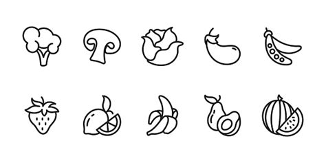 야채와 과일 아이콘 세트입니다 건강 식품 기호입니다 유기 야채 및 신선한 과일 벡터 그림 천연 영양 표시입니다 식료품 및 시장 픽토그램 농장 수확 및 다이어트 개념 0명에