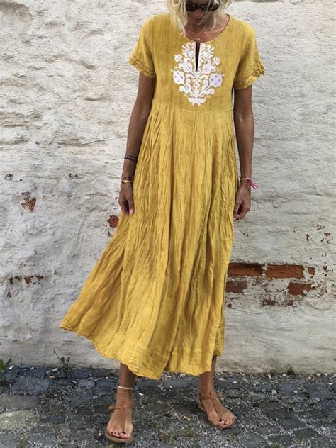 Summer Tribal Dress V Neck Short Sleeve Maxi Weaving Dress Anniecloth