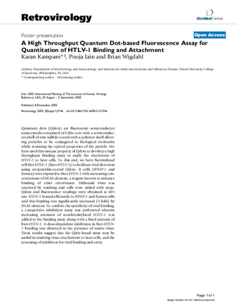 Pdf A High Throughput Quantum Dot Based Fluorescence Assay For Quantitation Of Htlv 1 Binding