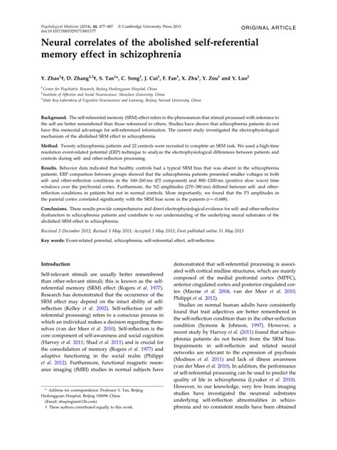 Pdf Neural Correlates Of The Abolished Self Referential Memory Effect In Schizophrenia
