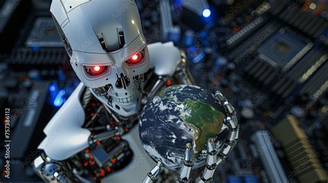 Scary Menacing Facial Expression Of Ai Robot With Red Eyes Looking Into