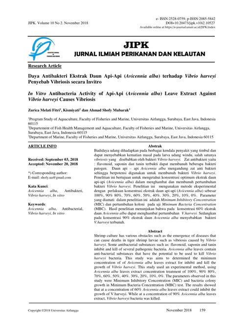 Pdf Daya Antibakteri Ekstrak Daun Api Api Avicennia Alba Terhadap