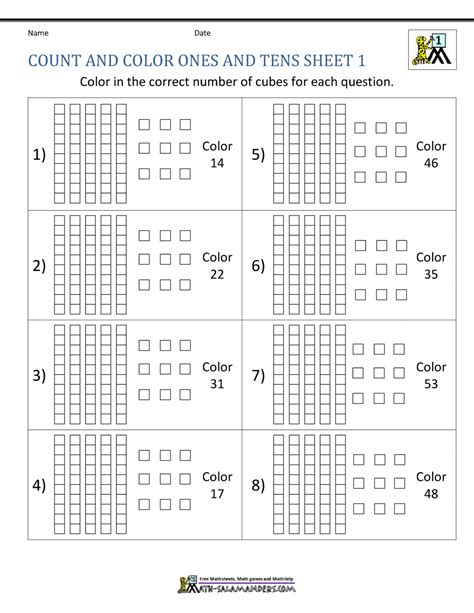 Color The Correct Number Of Cubes In Tens And Ones