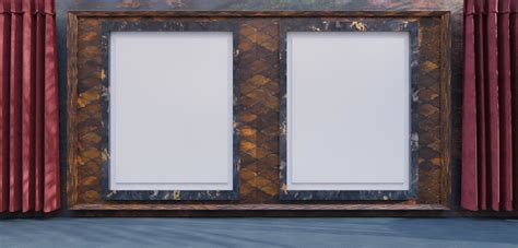 커튼이 있는 벽에 빈 프레임이 있는 인테리어 갤러리 고급 방 제품 및 텍스트 디스플레이 프레임 3d 그림 0명에 대한 스톡 사진
