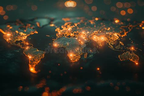 Global Network World Map With Glowing Points And Lines Communication Technology Concept Stock