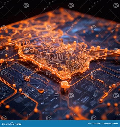 Intricate Circuit Board With Glowing Red Connectors And Electronic Components Stock Image