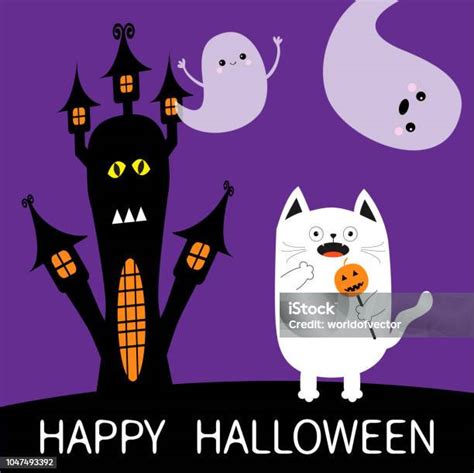 즐거운 할로윈 보내세요 스틱에 호박 얼굴을 들고 짜증 겁 먹은 고양이 유령의 집 실루엣입니다 2 개의 비행 귀신 손 부 위로입니다 재미 있은 귀여운 만화 아기 캐릭터입니다