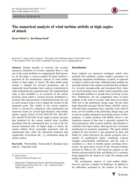 Pdf The Numerical Analysis Of Wind Turbine Airfoils At High Angles Of