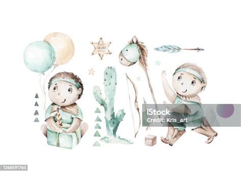 건초 베일 수채화 그림에 카우보이 모자에 서양 아기 소년 카우보이 만화 보안관 Ans 미국 부족 티피 디자인 와일드 웨스트 생일