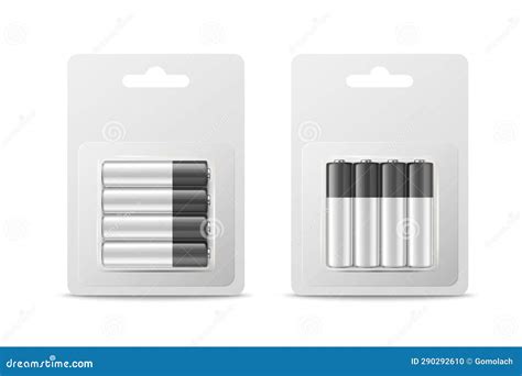 Vector 3d Realistic Four Alkaline Battery In Paper Bliste Icon Set Closeup Isolated Aa Size