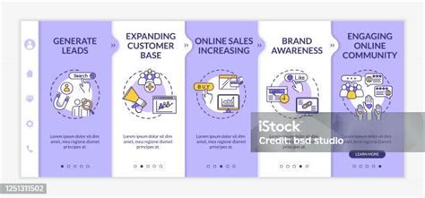 디자인 에보딩 벡터 템플릿에 브랜드 인지도 팁을 홍보합니다 잠재 고객 및 유치 아이콘이 있는 반응형 모바일 웹사이트 웹 페이지 연습 단계 화면 Rgb 색상 개념 리드 생성에