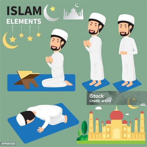 라마단 달 이슬람교와 무슬림 남자 하 고 종교 의식에 대 한 이슬람의 전통 벡터 평면 그림입니다 기도하기에 대한 스톡 벡터 아트