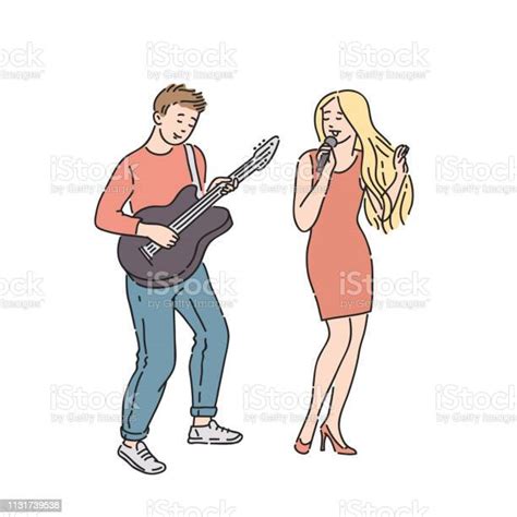 음악가 남자와 여자입니다 청바지에 사람이 마이크에 노래 기타 소녀를 재생 합니다 라인 아트 스타일 흰색 배경에 고립에서 벡터 일러스트 레이 션 놀기에 대한 스톡 벡터 아트