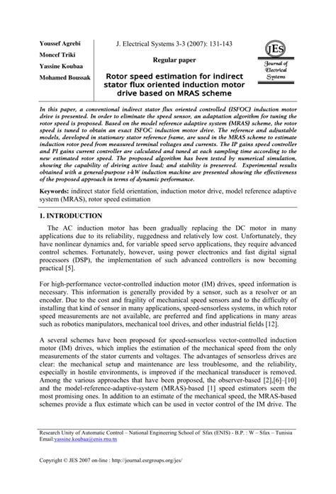 Pdf Rotor Speed Estimation For Indirect Stator Flux Oriented Induction Motor Drive Based On