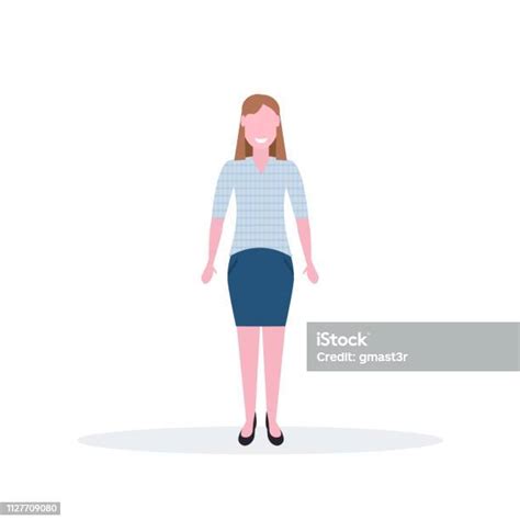 갈색 머리 여자 사무실 노동자 여성 만화 캐릭터 전체 길이 플랫 절연 행복 포즈를 서 있는 사업가 갈색 머리에 대한 스톡 벡터 아트 및 기타 이미지 Istock