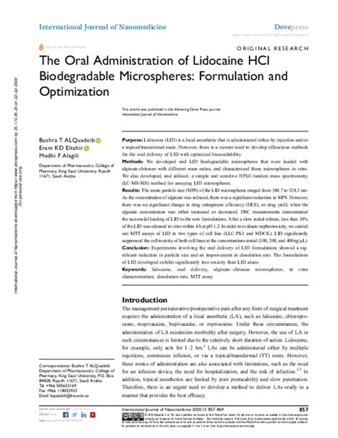 Pdf The Oral Administration Of Lidocaine Hcl Biodegradable