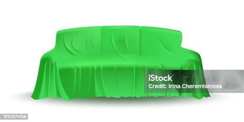 소파를 덮고 있는 녹색 천 커튼 깜짝 선물에 매달려 있는 실크 패브릭은 벡터 일러스트레이션을 공개합니다 흰색 배경에 베일 장식 아래 숨겨진 코치 신비한 프리젠 테이션 이벤트