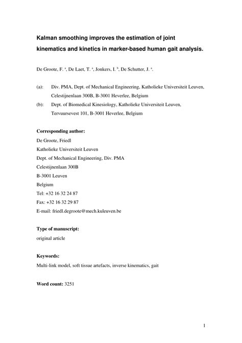 pdf kalman smoothing improves the estimation of joint kinematics and kinetics in marker based
