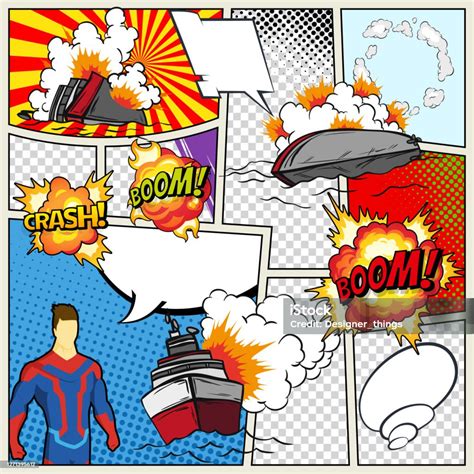 군함이 있는 템플릿 만화 페이지 벡터 복고풍 배경 모형 만화 페이지는 음성 거품 슈퍼 히어로와 소리 효과와 라인으로 분할 폭발하는 팝 아트 선박 물이 튀는에 대한 스톡 벡터
