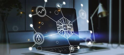 Premium Photo Close Up Of Desktop With Laptop Computer And Abstract Glowing Ai Interface On